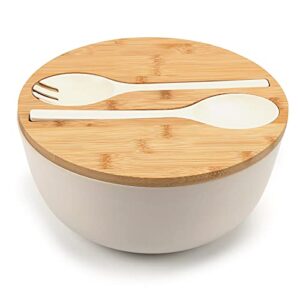 large salad bowl with lid, bamboo fiber salad serving bowl set with utensils, 9.8inches mixing bowl with servers, solid bamboo wooden bowl for salad, fruits, vegetables and pasta(white)