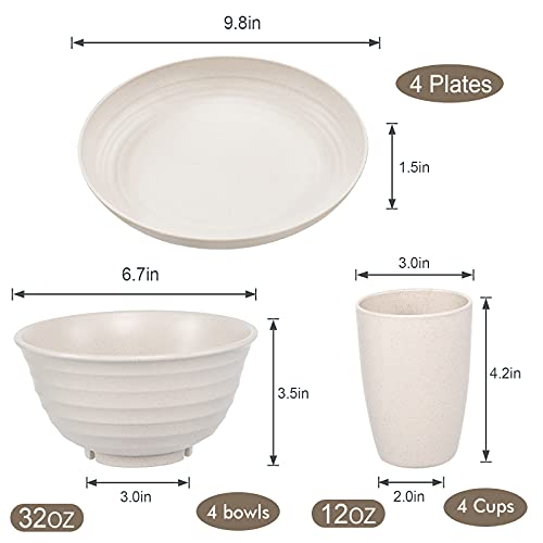 12pcs Wheat Straw Dinnerware Sets, Wheat Straw Plates and Bowls Sets for 4 Microwave Dishwasher Safe Lightweight Beige