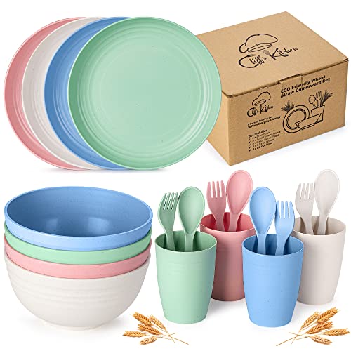 CLIFF'S KITCHEN Wheat Straw Dinnerware Sets- Eco Friendly Reusable Microwave Safe Plates and Bowls Sets For 4- Lightweight RV Camping Dishes and Cups -Unbreakable Dinnerware Set for 4