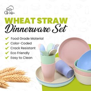 CLIFF'S KITCHEN Wheat Straw Dinnerware Sets- Eco Friendly Reusable Microwave Safe Plates and Bowls Sets For 4- Lightweight RV Camping Dishes and Cups -Unbreakable Dinnerware Set for 4