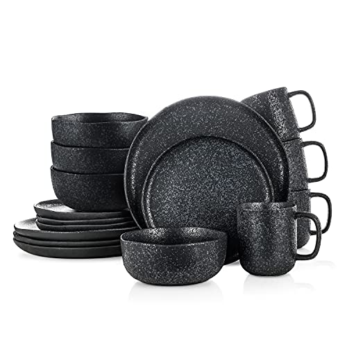 Stone Lain Tom Stoneware Reactive Glaze Dinnerware Set, 16-Piece Service for 4, Black-White