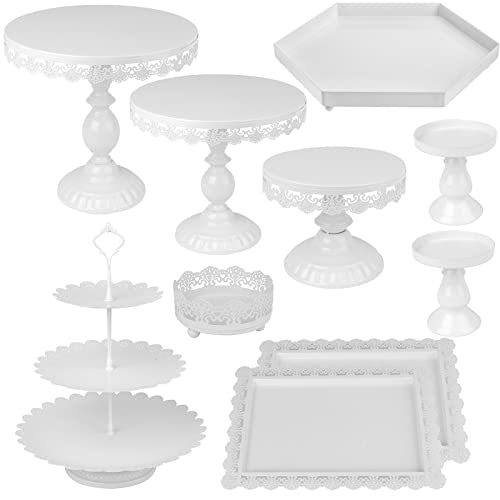 ZOOFOX Set of 10 Metal Cake Stands, Cupcake Holder Fruits Dessert Snack Plate Decor Serving Platter for Baby Shower, Wedding, Birthday Party or Christmas ( White )