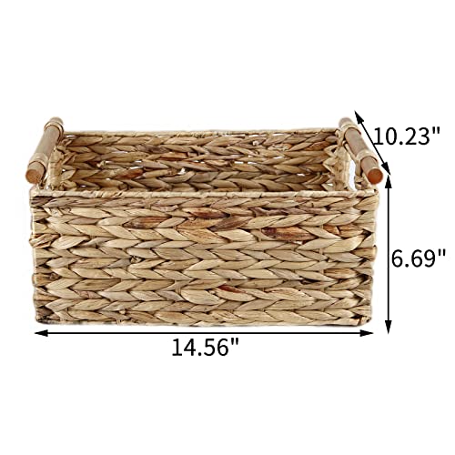 Water Hyacinth Storage Basket Hand-Woven Storage Baskets with Wooden Handle Decorative Wicker Storage Basket for Organizing Bathroom/Bedroom/Laundry Room/Pantry