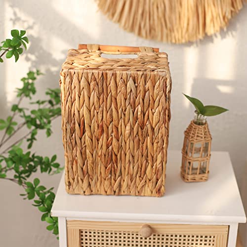 Water Hyacinth Storage Basket Hand-Woven Storage Baskets with Wooden Handle Decorative Wicker Storage Basket for Organizing Bathroom/Bedroom/Laundry Room/Pantry