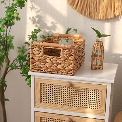 Water Hyacinth Storage Basket Hand-Woven Storage Baskets with Wooden Handle Decorative Wicker Storage Basket for Organizing Bathroom/Bedroom/Laundry Room/Pantry