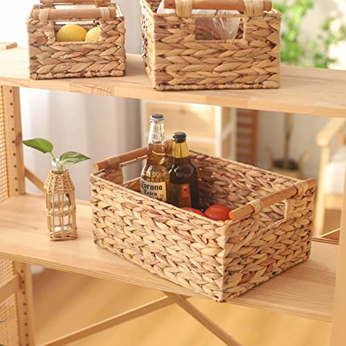 Water Hyacinth Storage Basket Hand-Woven Storage Baskets with Wooden Handle Decorative Wicker Storage Basket for Organizing Bathroom/Bedroom/Laundry Room/Pantry