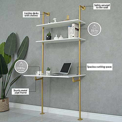 MAIKAILUN White and Gold Desk, 36" Ladder Desk, Wall Mount Computer Writing Table Pipe Shelf Shelving Mini Narrow Industrial Modern for Small Spaces(36x20x81)