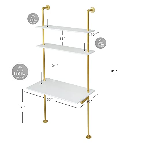 MAIKAILUN White and Gold Desk, 36" Ladder Desk, Wall Mount Computer Writing Table Pipe Shelf Shelving Mini Narrow Industrial Modern for Small Spaces(36x20x81)