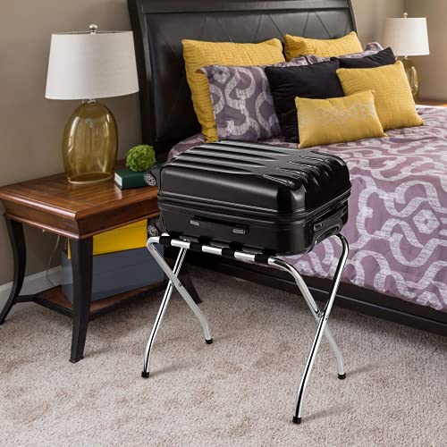 MIDDOW Chrome Luggage Rack, Foldable Metal Suitcase Stand with Nylon Belts, No Assembly Required, Ideal for Bedroom Guest Room Hotel (2)