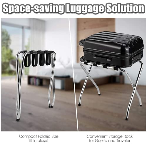 MIDDOW Chrome Luggage Rack, Foldable Metal Suitcase Stand with Nylon Belts, No Assembly Required, Ideal for Bedroom Guest Room Hotel (2)