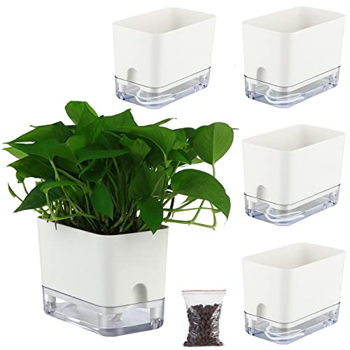 4 Pack Self Watering Pots for Indoor Plants, Self-Watering Planters Box Transparent for Devil's Ivy, Spider Plant, Orchid for Home & Office. African Violet Pot for Outdoor Plants (Rectangular,7”)