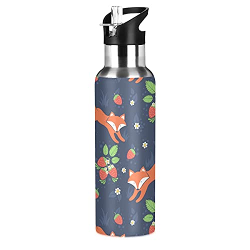 xigua Fox Sport Water Bottle with Straw Lid Double Wall Vacuum Insulated Flask Stainless Steel Water Bottle 20 oz