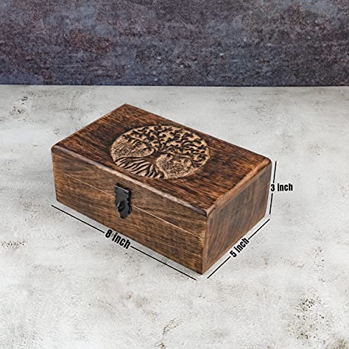 Samhita Handmade Mango Wood Tree of Life Engraving Beautifully Keepsake Box Jewellery Organiser Unique Gift Ideas for Men & Women (Flame Work Finish)