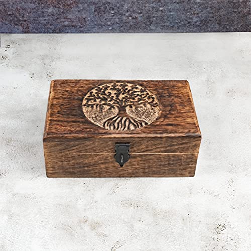 Samhita Handmade Mango Wood Tree of Life Engraving Beautifully Keepsake Box Jewellery Organiser Unique Gift Ideas for Men & Women (Flame Work Finish)