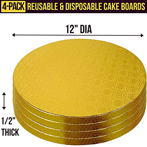 12 Inch Cake Boards - 4-Pack Cake Drums 12 Inch Dia. - Disposable Gold Cake Board Circles - Reusable Round Cake Boards - Cake Base Cardboard Cake Rounds - Cake Decorating Supplies & Baking Supplies