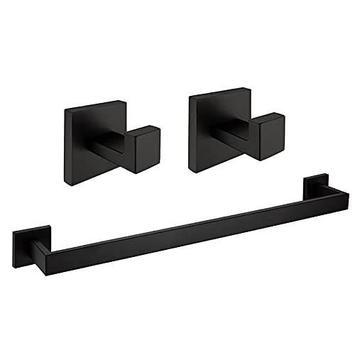 Matte Black Bathroom Hardware Set 3 Pieces SUS304 Stainless Steel Square Wall Mounted Including Towel Bar, Robe Towel Hooks,Bathroom Accessories Kit