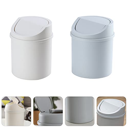 NUOBESTY 2pcs Modern Plastic Mini Trash Can with Lid Small Office Countertop Trash Can Tiny Plastic Garbage Bin for Home Office Gray and White