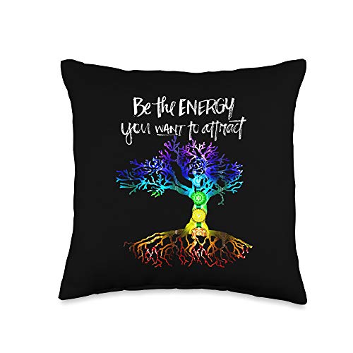 Wrinkled Hippie Chakra Tree of Life Be The Energy You Want to Attract Throw Pillow, 16x16, Multicolor