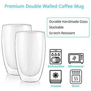 Bivvclaz Double Walled Glass Coffee Mugs, 2-Pack 15 Oz Borosilicate Glass Coffee Cups, Thermo Insulated Glass for Latte Cappuccino Americano Tea milk Beverage, Clear