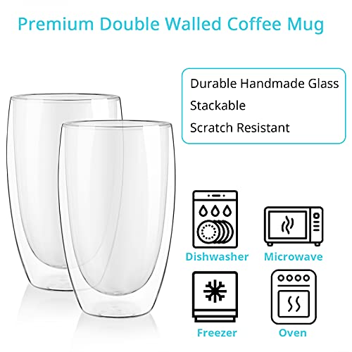 Bivvclaz Double Walled Glass Coffee Mugs, 2-Pack 15 Oz Borosilicate Glass Coffee Cups, Thermo Insulated Glass for Latte Cappuccino Americano Tea milk Beverage, Clear