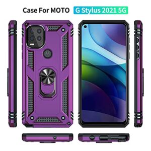 PUSHIMEI for Moto G Stylus 5G Case, Military Grade Heavy Duty Protection Phone Case Cover with HD Screen Protector Magnetic Ring Kickstand for Motorola Moto G Stylus 5G 2021 (Purple Military Case)