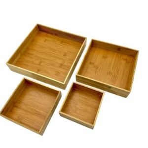 Bam & Boo - 4-Pieces Square Natural Bamboo Desk Drawer Organizer Trays & Storage Bins (Multi Sizes) - for Office, Kitchen, Dresser