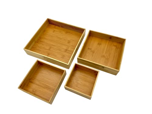 Bam & Boo - 4-Pieces Square Natural Bamboo Desk Drawer Organizer Trays & Storage Bins (Multi Sizes) - for Office, Kitchen, Dresser