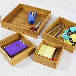 Bam & Boo - 4-Pieces Square Natural Bamboo Desk Drawer Organizer Trays & Storage Bins (Multi Sizes) - for Office, Kitchen, Dresser