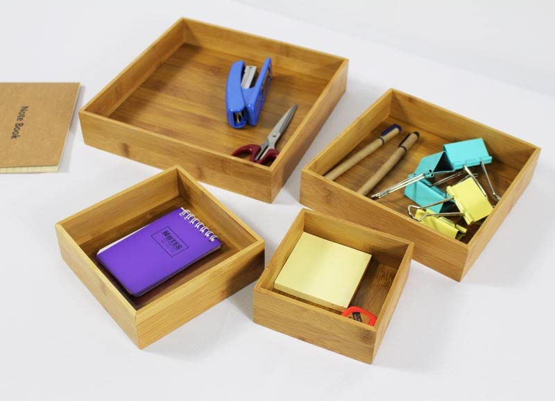 Bam & Boo - 4-Pieces Square Natural Bamboo Desk Drawer Organizer Trays & Storage Bins (Multi Sizes) - for Office, Kitchen, Dresser