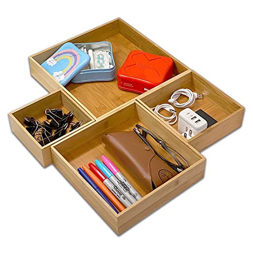 Bam & Boo - 4-Pieces Square Natural Bamboo Desk Drawer Organizer Trays & Storage Bins (Multi Sizes) - for Office, Kitchen, Dresser