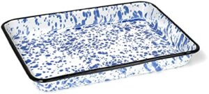 red co. 11" x 9" enamelware metal classic 2 quart rectangular serving tray, navy blue marble/black rim - splatter design