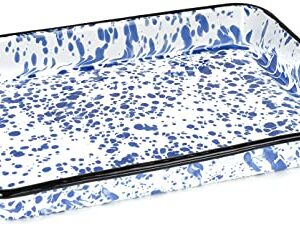 Red Co. 11" x 9" Enamelware Metal Classic 2 Quart Rectangular Serving Tray, Navy Blue Marble/Black Rim - Splatter Design