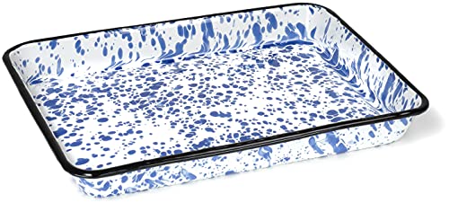 Red Co. 11" x 9" Enamelware Metal Classic 2 Quart Rectangular Serving Tray, Navy Blue Marble/Black Rim - Splatter Design