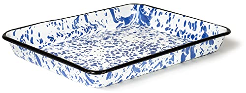 Red Co. 11" x 9" Enamelware Metal Classic 2 Quart Rectangular Serving Tray, Navy Blue Marble/Black Rim - Splatter Design