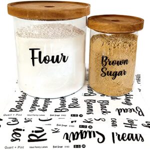 quart + pint 155 kitchen pantry labels for containers. preprinted clear script stickers with black text. waterproof vinyl sticker set. organization labels for jars canisters & home storage bins system