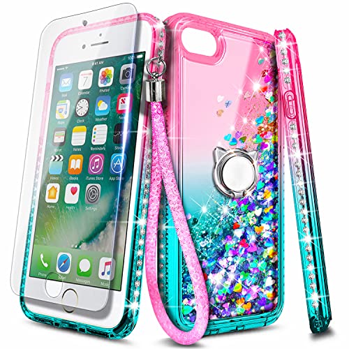 NGB Compatible for iPhone 8 Plus Case, iPhone 7 Plus /6 Plus /6S Plus with Tempered Glass Screen Protector, Ring Holder, Girls Women Kids Liquid Bling Sparkle Glitter Cute Case (Pink/Aqua)