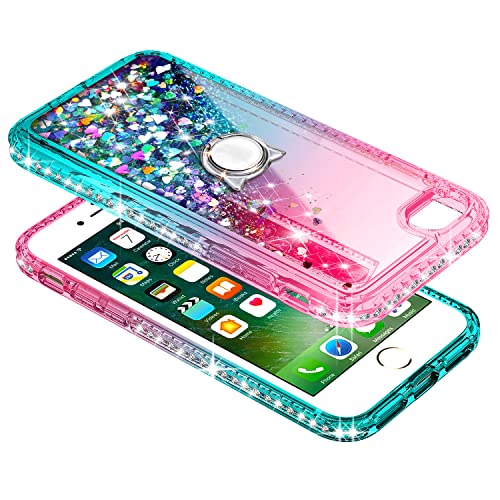 NGB Compatible for iPhone 8 Plus Case, iPhone 7 Plus /6 Plus /6S Plus with Tempered Glass Screen Protector, Ring Holder, Girls Women Kids Liquid Bling Sparkle Glitter Cute Case (Pink/Aqua)