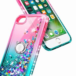 NGB Compatible for iPhone 8 Plus Case, iPhone 7 Plus /6 Plus /6S Plus with Tempered Glass Screen Protector, Ring Holder, Girls Women Kids Liquid Bling Sparkle Glitter Cute Case (Pink/Aqua)