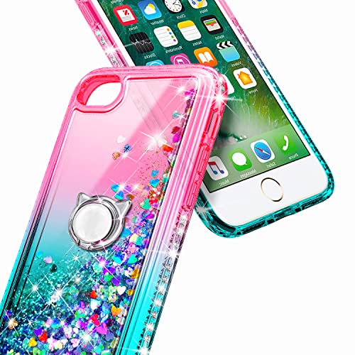 NGB Compatible for iPhone 8 Plus Case, iPhone 7 Plus /6 Plus /6S Plus with Tempered Glass Screen Protector, Ring Holder, Girls Women Kids Liquid Bling Sparkle Glitter Cute Case (Pink/Aqua)