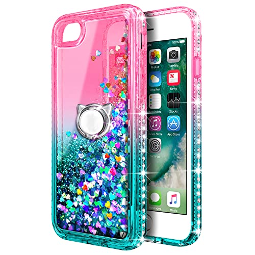 NGB Compatible for iPhone 8 Plus Case, iPhone 7 Plus /6 Plus /6S Plus with Tempered Glass Screen Protector, Ring Holder, Girls Women Kids Liquid Bling Sparkle Glitter Cute Case (Pink/Aqua)