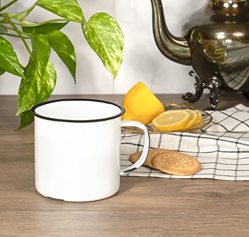 Red Co. Enamelware Metal Large Classic 22 Oz Round Coffee and Tea Mug with Handle, Distressed White/Black Rim