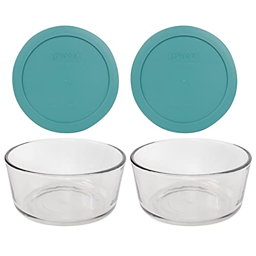 Pyrex (2 7201 4 Cup Glass Bowls & (2) 7201-PC Turquoise Lids