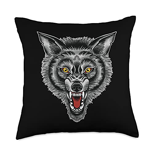 Seven Relics Snarling Wolf, American Traditional Tattoo Art Throw Pillow, 18x18, Multicolor