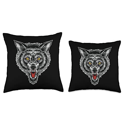 Seven Relics Snarling Wolf, American Traditional Tattoo Art Throw Pillow, 18x18, Multicolor