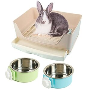 kathson large rabbit litter box, bunny food & water bowl removable stainless steel cage bowls, pet toilet potty corner litter bedding box bigger pet pan for guinea pigs, ferret, gerbils, hamster