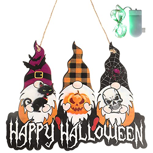 Amyhill Halloween Gnomes Sign Pumpkin Bat Gnome Wooden Plaque with String Lights Happy Halloween Wooden Door Wall Sign with Rope for Yard Indoor Outdoor Garden Decoration, 11.8 x 9.3 Inch