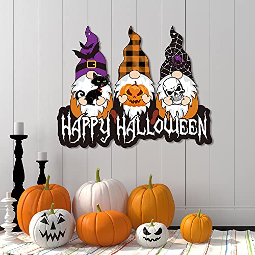 Amyhill Halloween Gnomes Sign Pumpkin Bat Gnome Wooden Plaque with String Lights Happy Halloween Wooden Door Wall Sign with Rope for Yard Indoor Outdoor Garden Decoration, 11.8 x 9.3 Inch