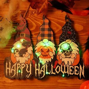 Amyhill Halloween Gnomes Sign Pumpkin Bat Gnome Wooden Plaque with String Lights Happy Halloween Wooden Door Wall Sign with Rope for Yard Indoor Outdoor Garden Decoration, 11.8 x 9.3 Inch