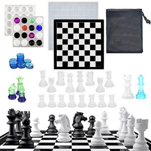 chess sets resin silicone mold, upgrade 3d 16 pieces chess checkers & board game mold for resin casting full size with storage bag, chess crystal epoxy molds for kid adult family to diy art crafts