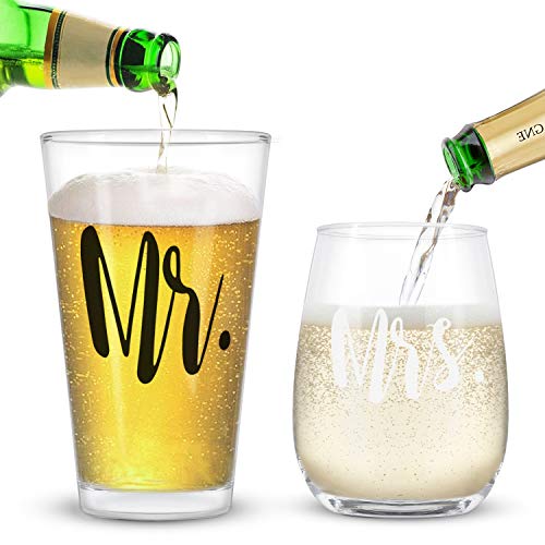 Mr and Mrs Stemless Wine Glass and Beer Glass Set of 2 - Funny Gifts for Him Her Wife Husband Couples, Couple Gift Set for Wedding Engagement Birthday Anniversaries Valentine's Day Christmas 12Oz